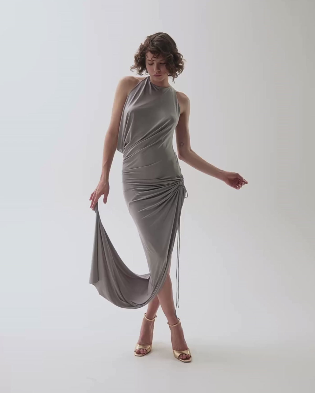Rochie Maxi din Tricot cu Drapaje, Stone | Retro Future